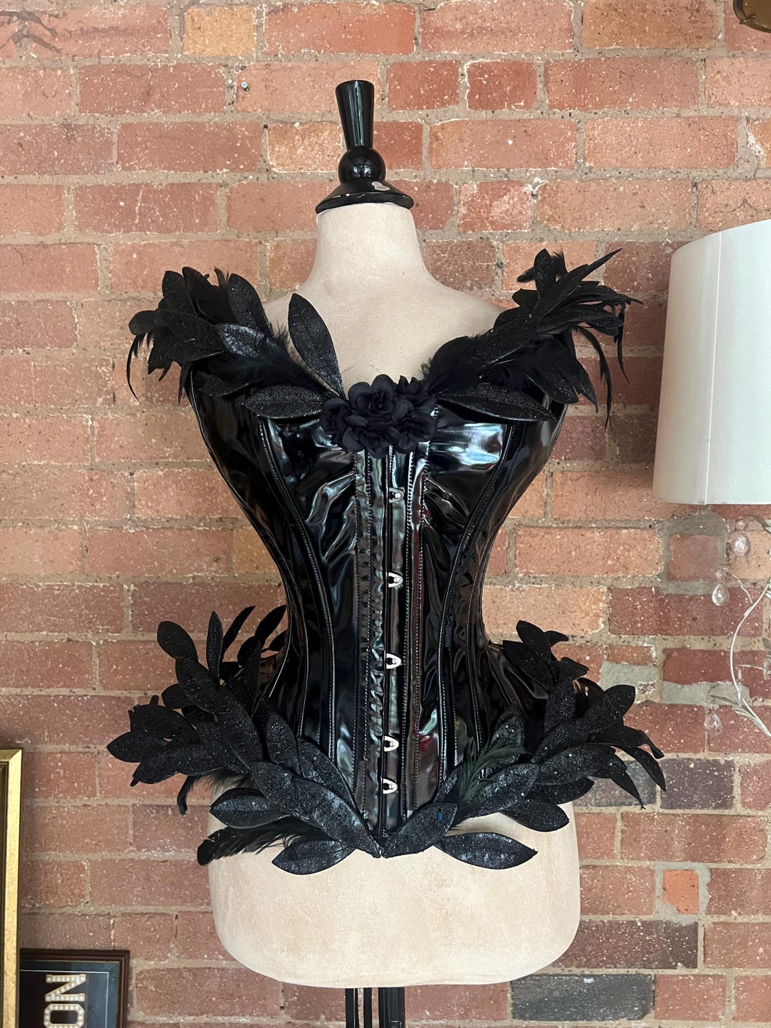 25” Dramatic Black Pvc Steel Boned Overbust Corset With Leaf and ...
