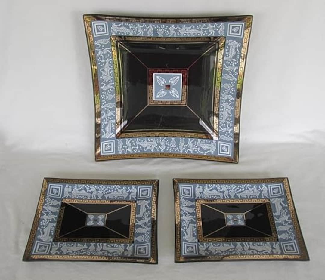 Greek Mythology Black Glass Plates - Vintage With 24K Gold Trim ...