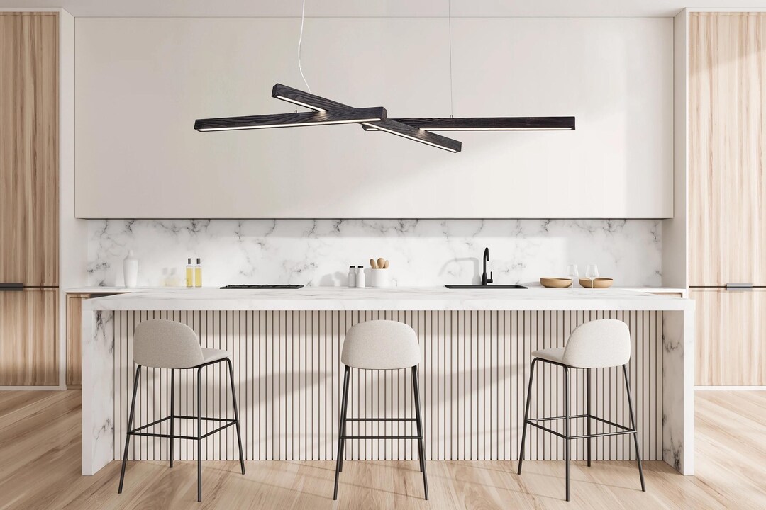 Modern Wooden Linear LED Chandelier, Loft Style Suspension Kitchen ...