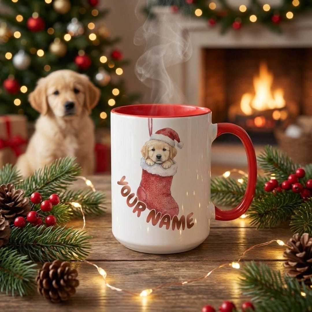 Custom Golden Retriever Puppy in Christmas Stocking Mug | Personalized ...