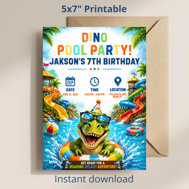 Dino Pool Party Invitation | Dinosaur Birthday Invite | Waterpark ...