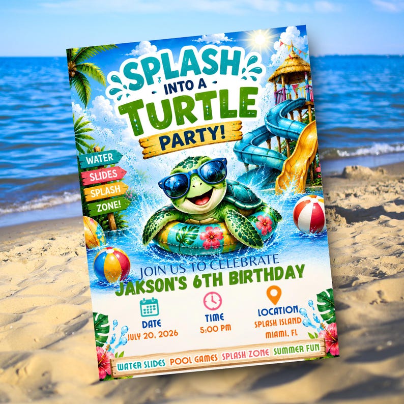 Turtle Pool Party Invitation | Waterpark Birthday Invite | Splash Party ...