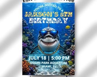 Shark Birthday Invitation | Editable Ocean Party Invite for Boys ...
