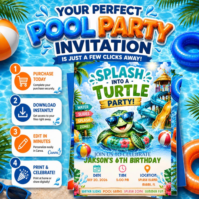 Turtle Pool Party Invitation | Waterpark Birthday Invite | Splash Party ...