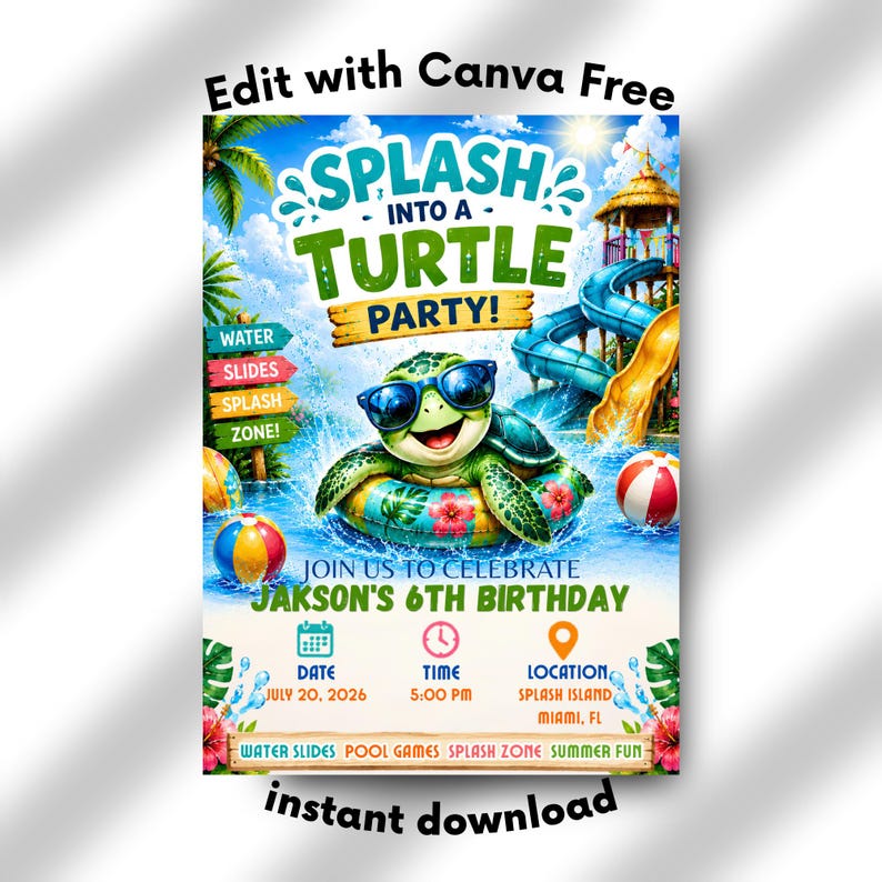 Turtle Pool Party Invitation | Waterpark Birthday Invite | Splash Party ...