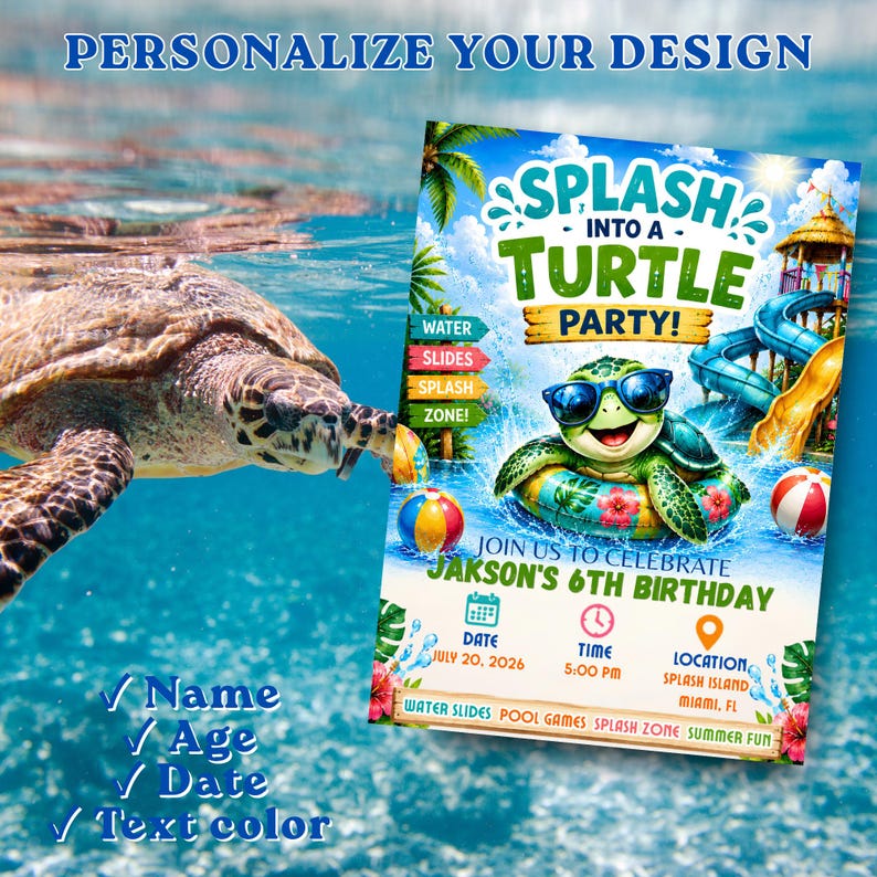 Turtle Pool Party Invitation | Waterpark Birthday Invite | Splash Party ...