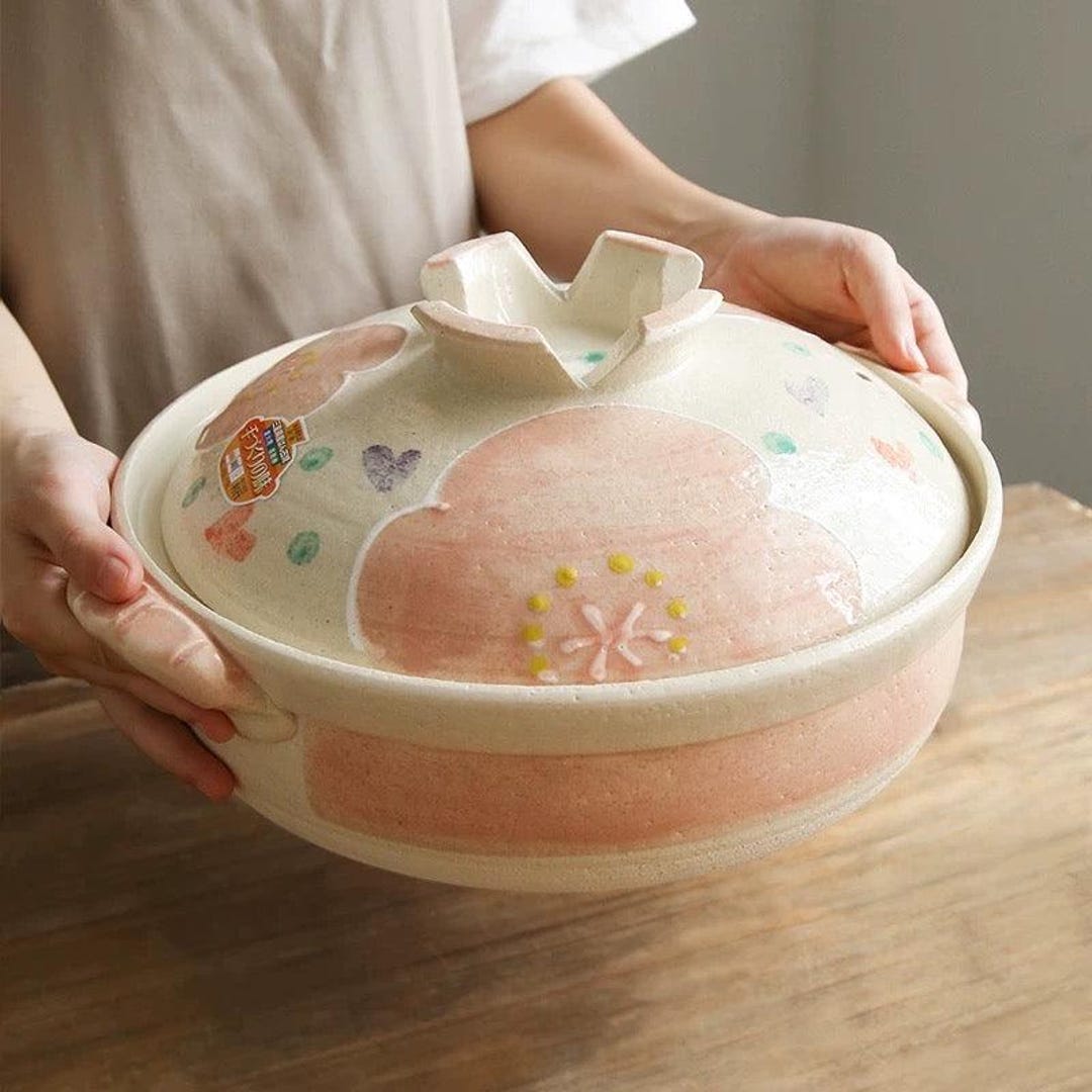 Japanese Bankoyaki Donabe Earthenware Clay Pot- Baby Pink Sakura/ Plum ...