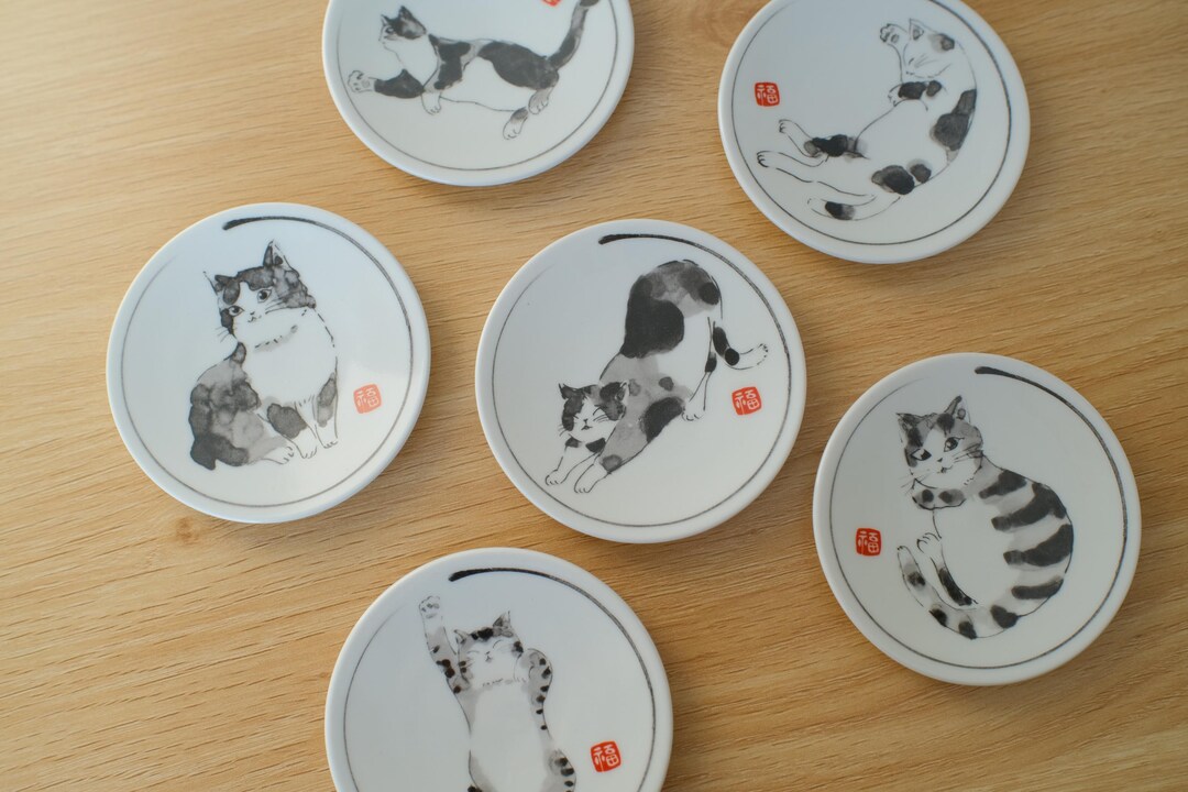 6 Piece Japanese Lucky Cats Small Plates Gift Set | Minoyaki Fine Brush ...