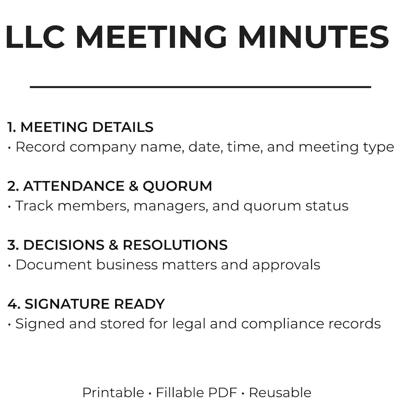 LLC Meeting Minutes Template Printable and Fillable PDF Small Business ...