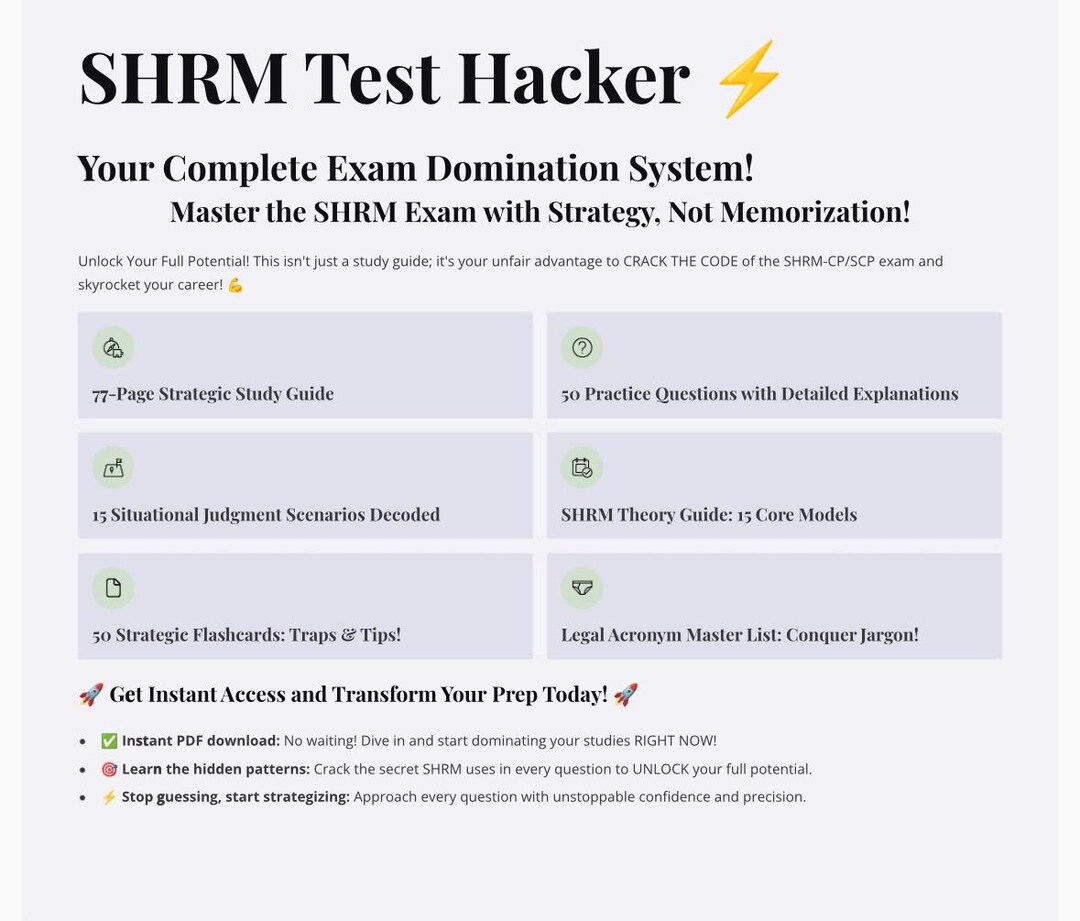 SHRM Exam Study Bundle | Digital Guide, Flashcards, Theories, Practice ...