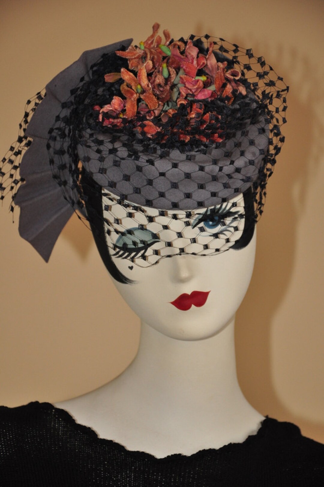 OOAK 1940s Blue/grey PILLBOX HAT With Pink Flowers and Navy Veiling - Etsy