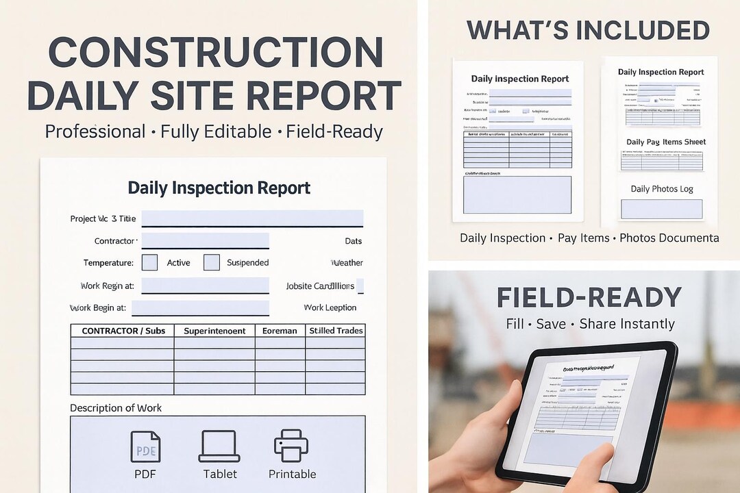 Construction Daily Site Report Template (fillable PDF | Daily Log + Pay ...