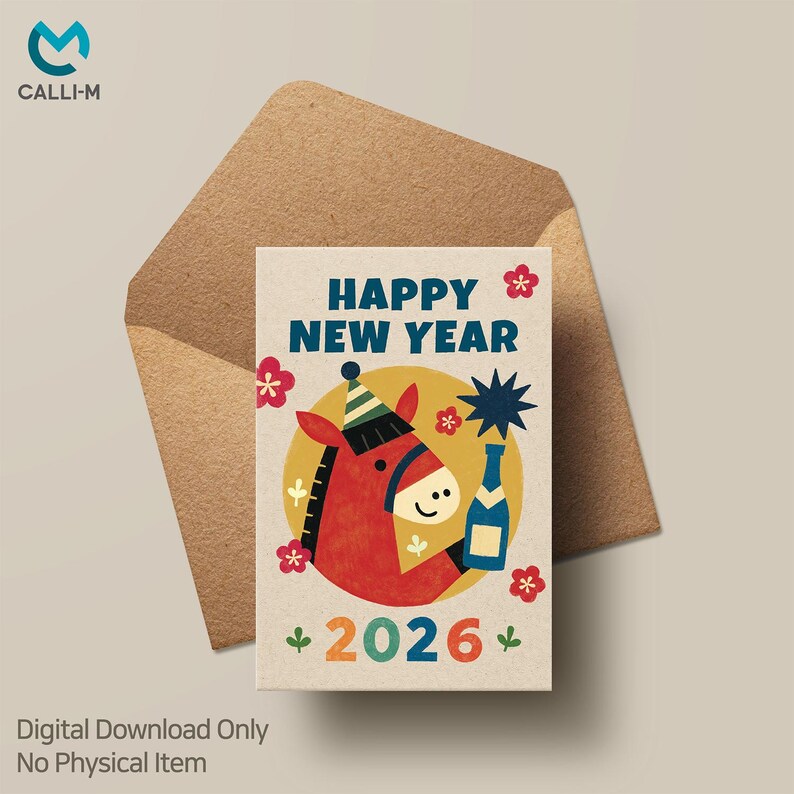 New Year Printable Card 2026 PDF – Cute Red Horse Foldable Greeting ...