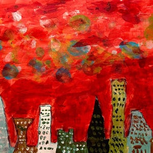 Red Sky City Skyline Outsider Art Art Brut Folk 12 X 16 Original ...