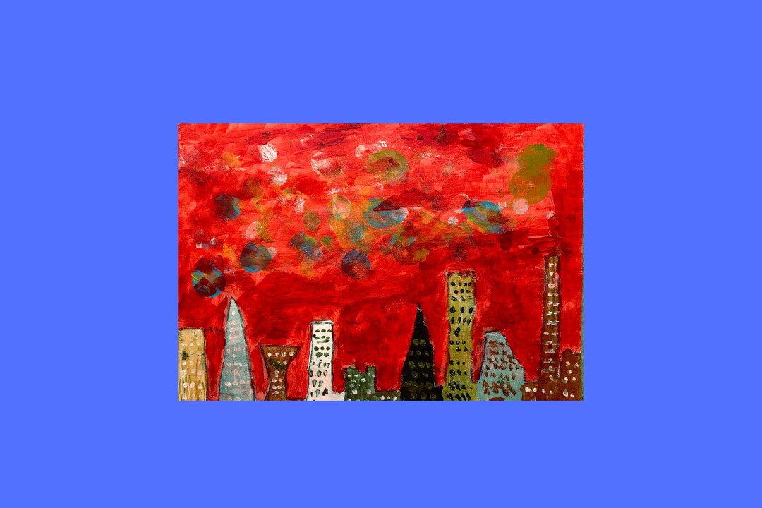 Red Sky City Skyline Outsider Art Art Brut Folk 12 X 16 Original ...