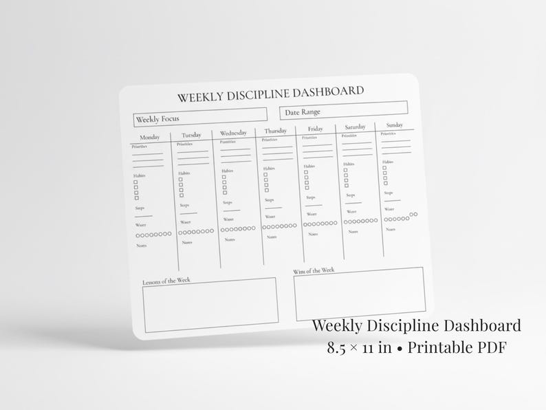 Weekly Discipline Dashboard Printable • Minimal Weekly Planner ...