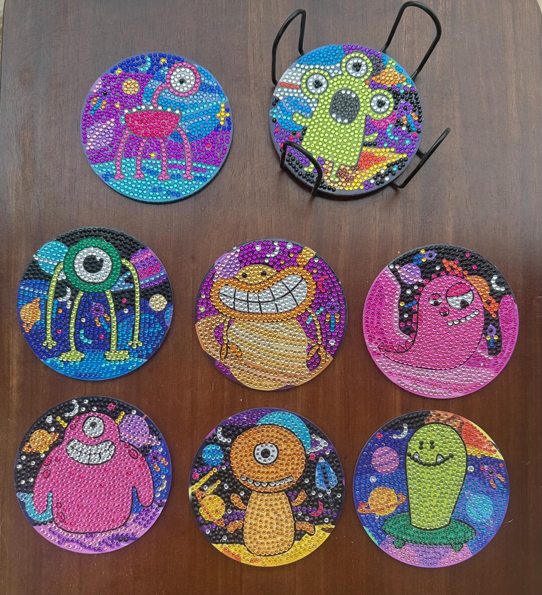 Space Aliens, 8 Piece Completed Diamond Art Coasters. Acrylic With Cork ...