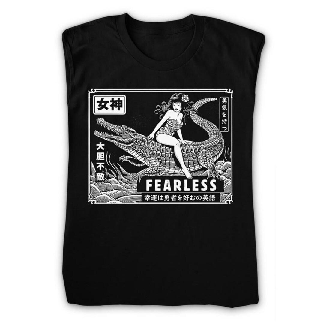 Alligator Girl T-shirt Asian Girl Riding Crocodile Shirt Japanese Letters Fearless - Men - Sizes ...