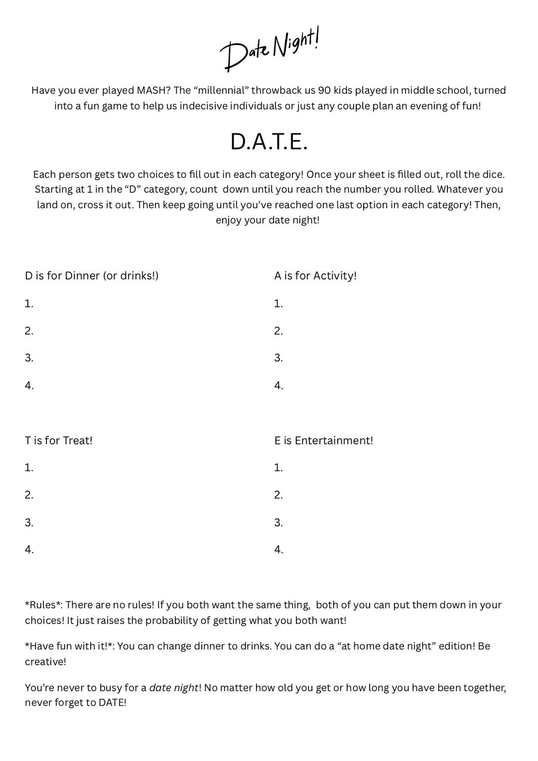 D.A.T.E Night! | MASH | A Printable "date Night" Game for the Perfect ...