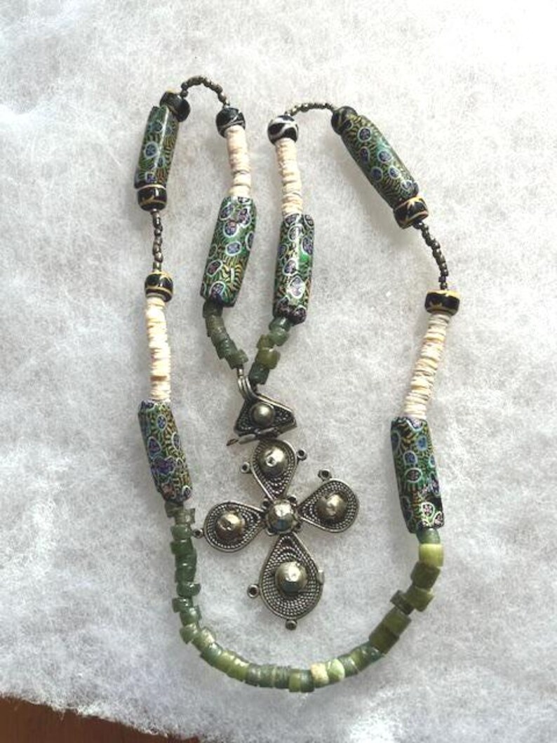 Vintage Ethiopian Coptic Cross Necklace – Venetian Millefiori & Ostrich ...