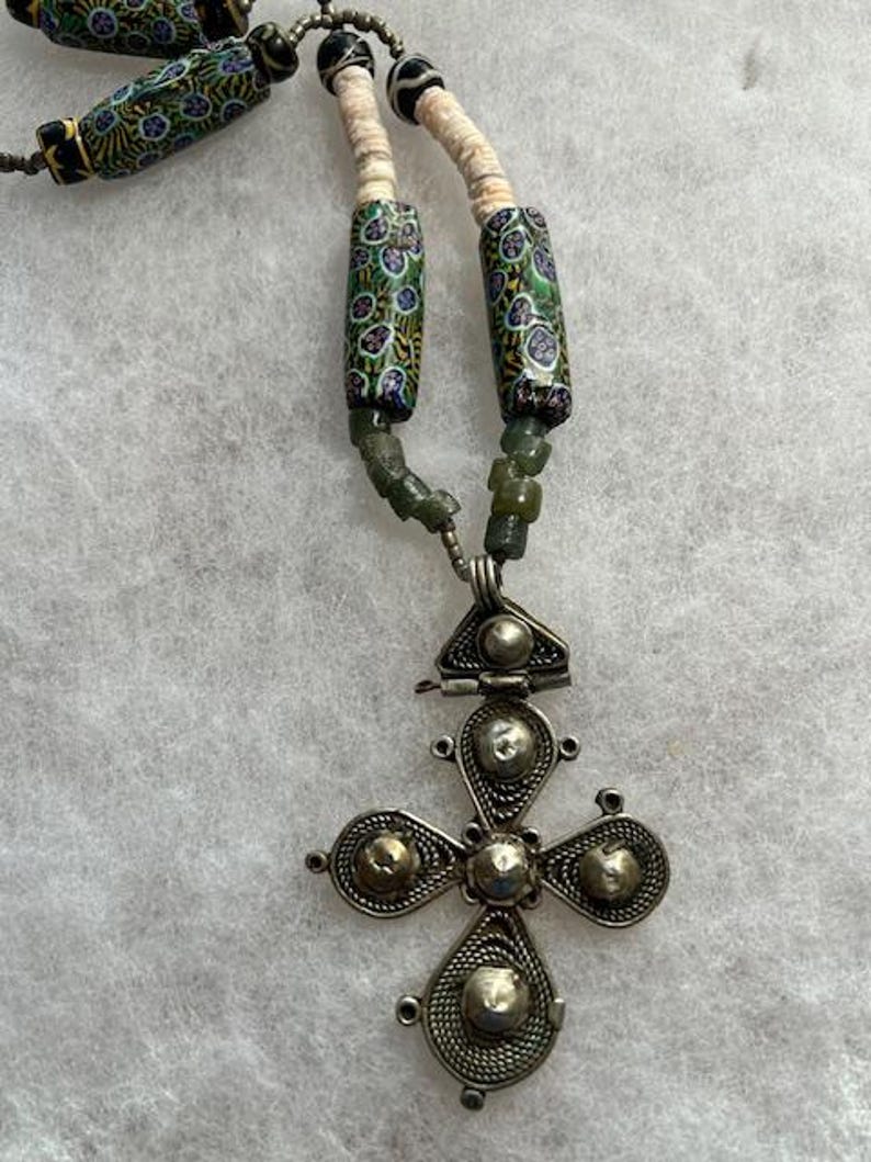 Vintage Ethiopian Coptic Cross Necklace – Venetian Millefiori & Ostrich ...