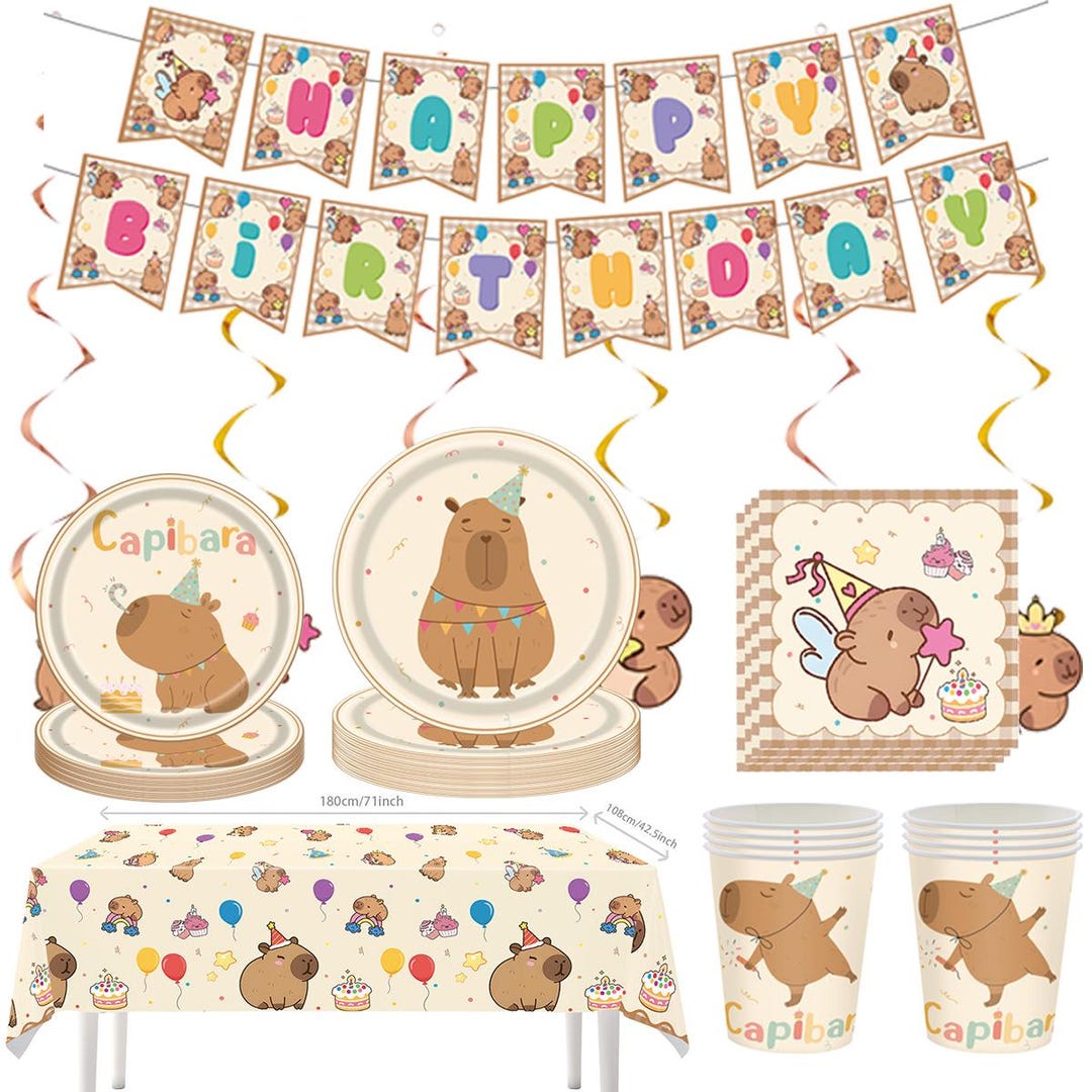Capybara Birthday Party Supplies: Plates, Napkins, Banner, Tablecloth ...