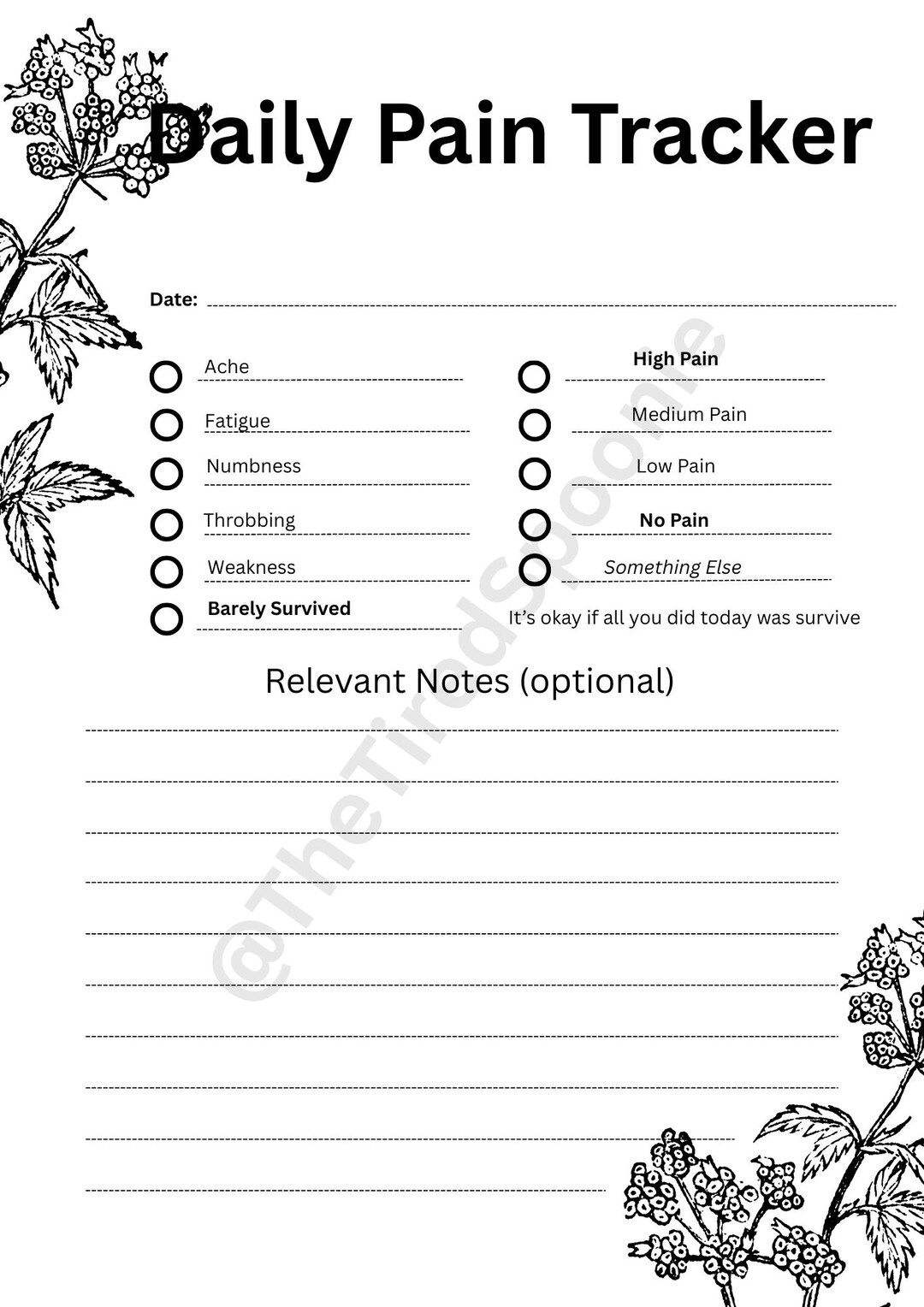 Low Spoon Daily Pain Tracker for Disability and Chronic Illness - Etsy