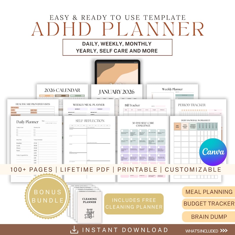 ADHD Planner Template 2026, Daily Weekly Monthly, Editable in Canva ...