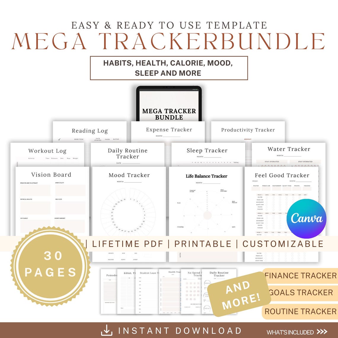 Printable Mega Tracker Planner Bundle | Habits, Goals, Finance (PDF) - Etsy