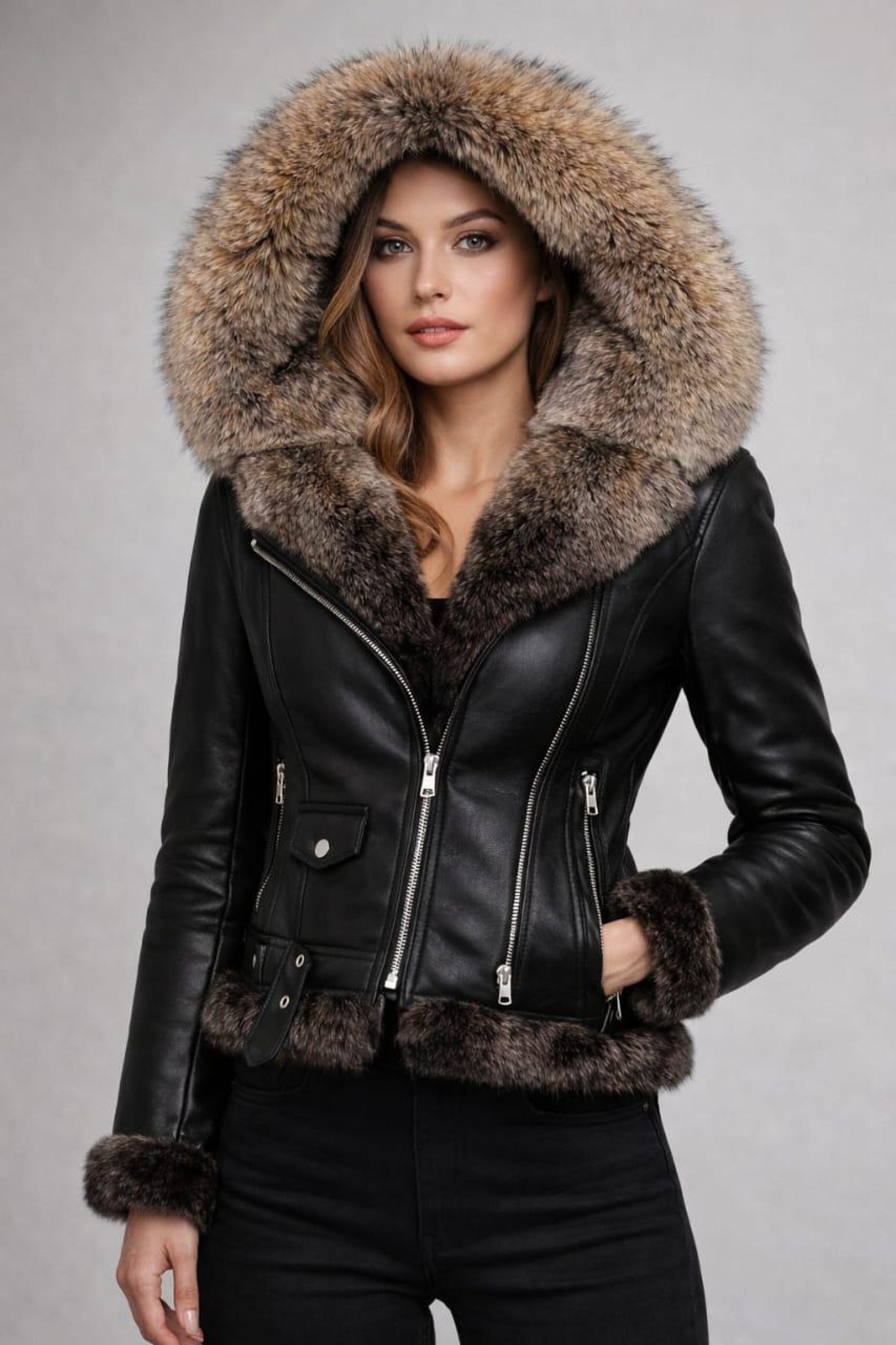 Luxury Black Leather Jacket With Oversized Fur Collar – Winter Icon - Etsy