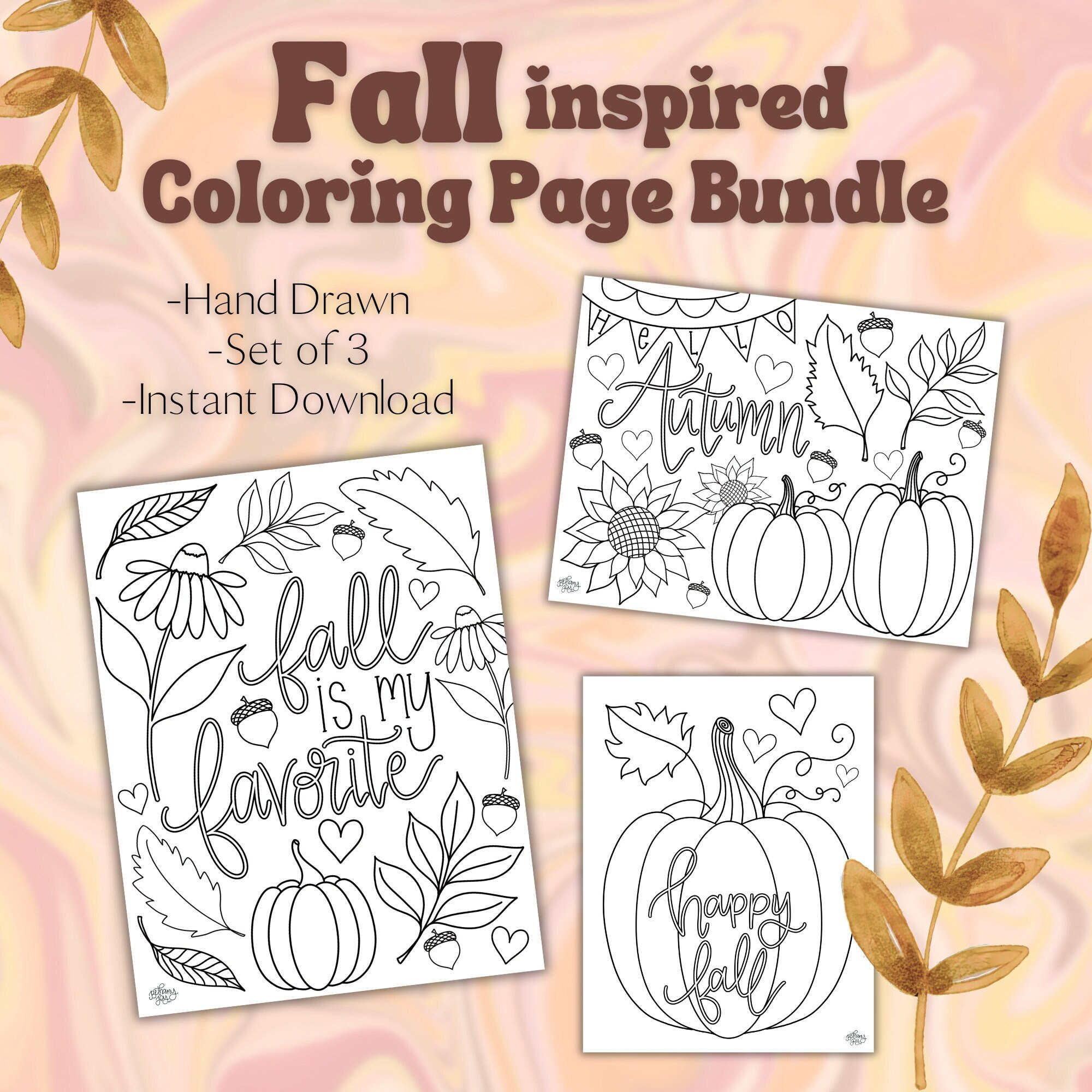Fall Coloring Pages - Set of 3 - for Digital and Printable Use - Hand ...