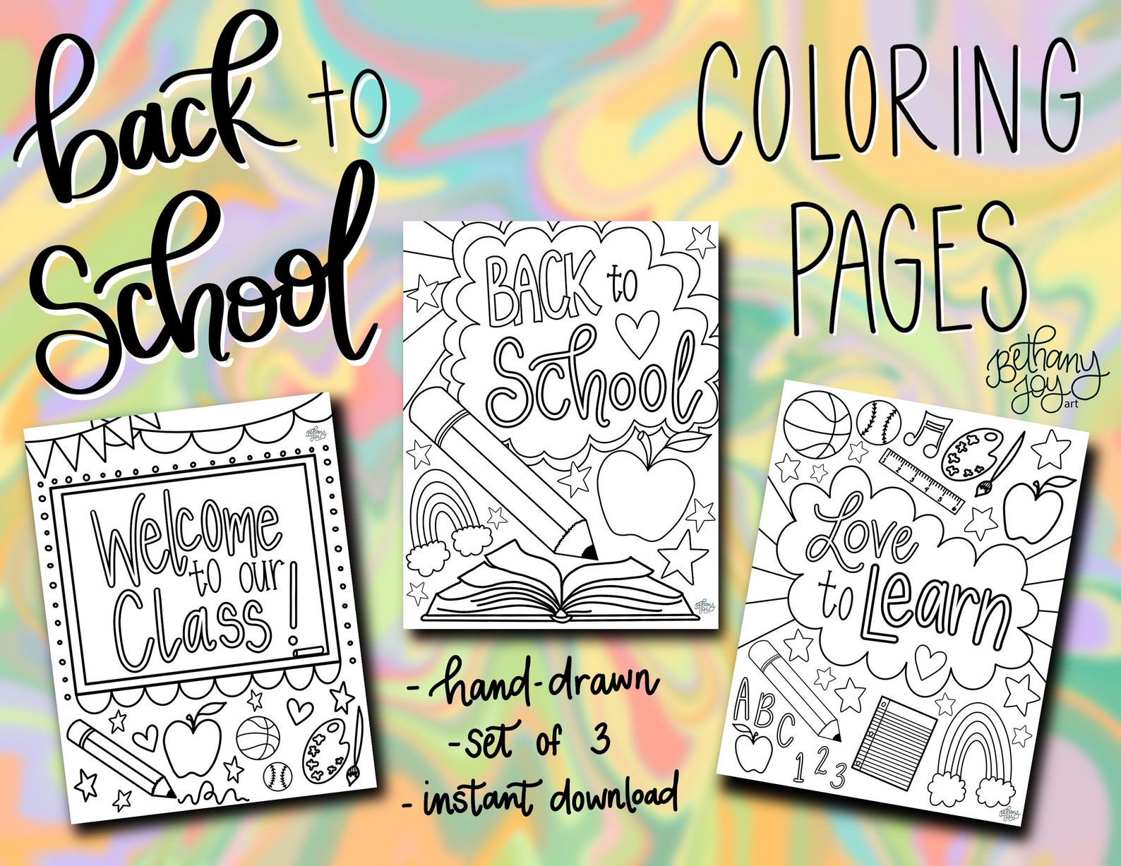 Back to School Coloring Pages Set of 3 for Digital and - Etsy