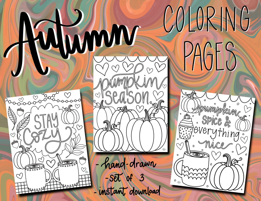 Autumn Coloring Pages - Set of 3 - for Digital and Printable Use - Hand ...