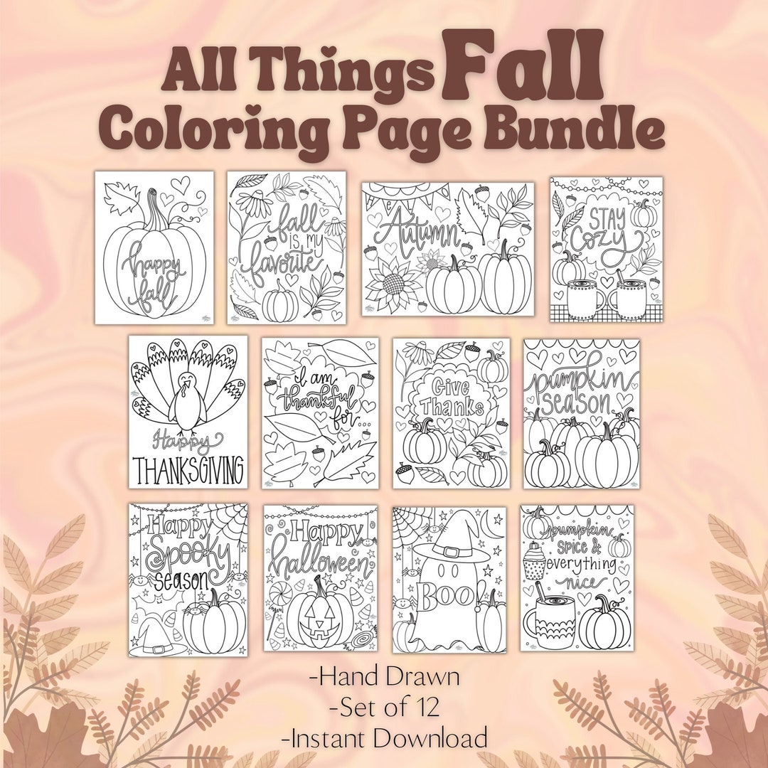All Things Fall Bundle of Coloring Pages - Set of 12 - Hand Drawn ...