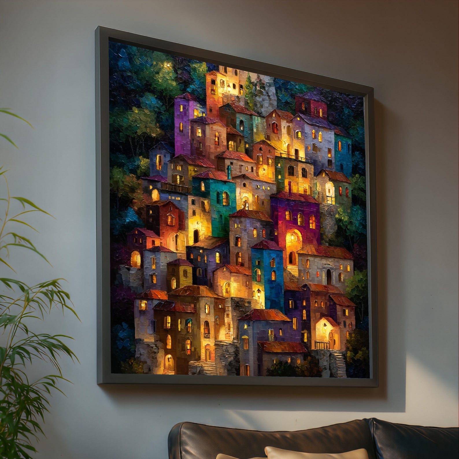 Colorful Mediterranean Village, Night Scene Canvas, Warm Glow Houses ...
