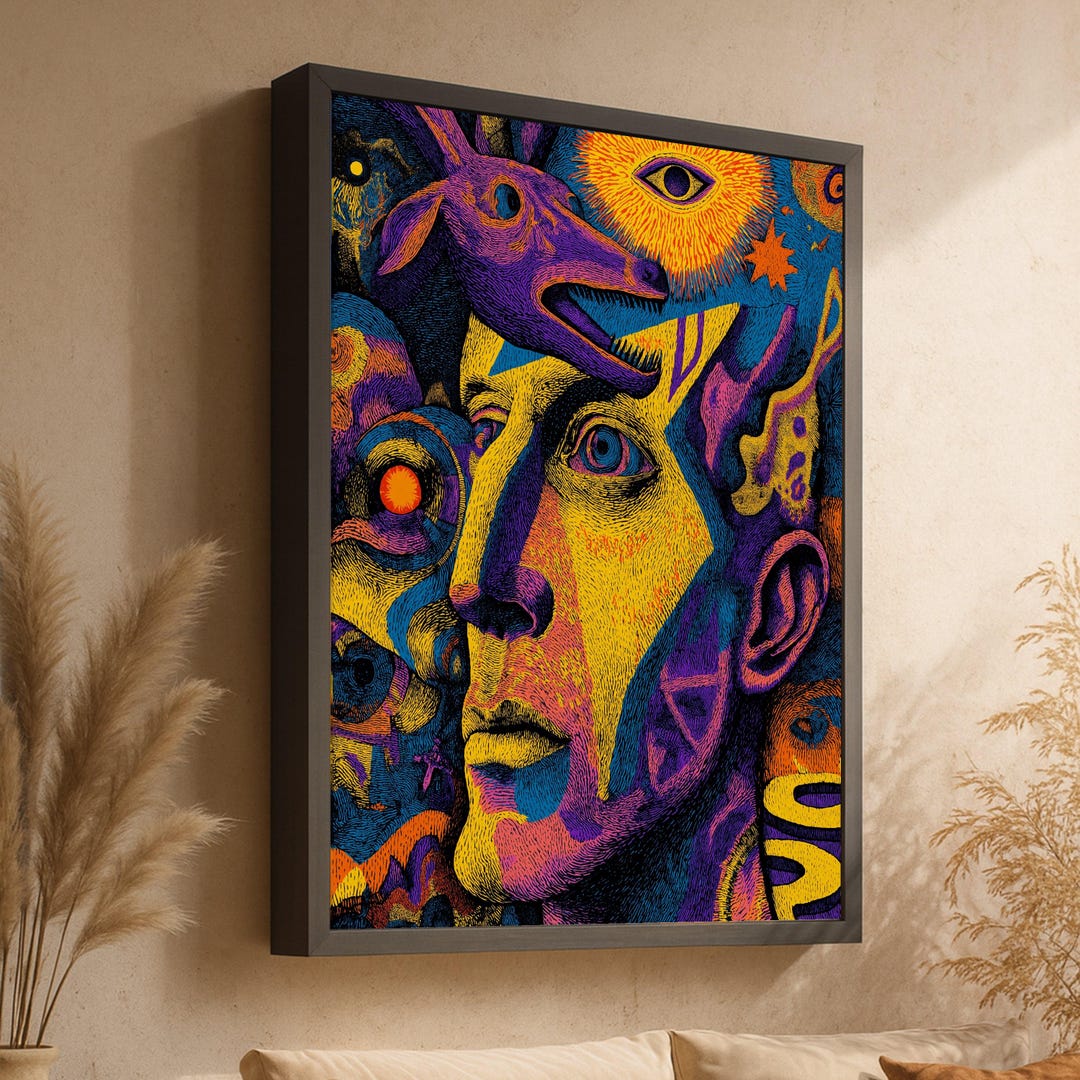 Psychedelic Surreal Portrait Canvas, Abstract Colorful Face Wall Art ...
