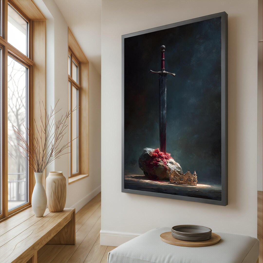 Medieval Sword in Stone With Roses and Royal Crown Canvas, Fantasy Wall ...
