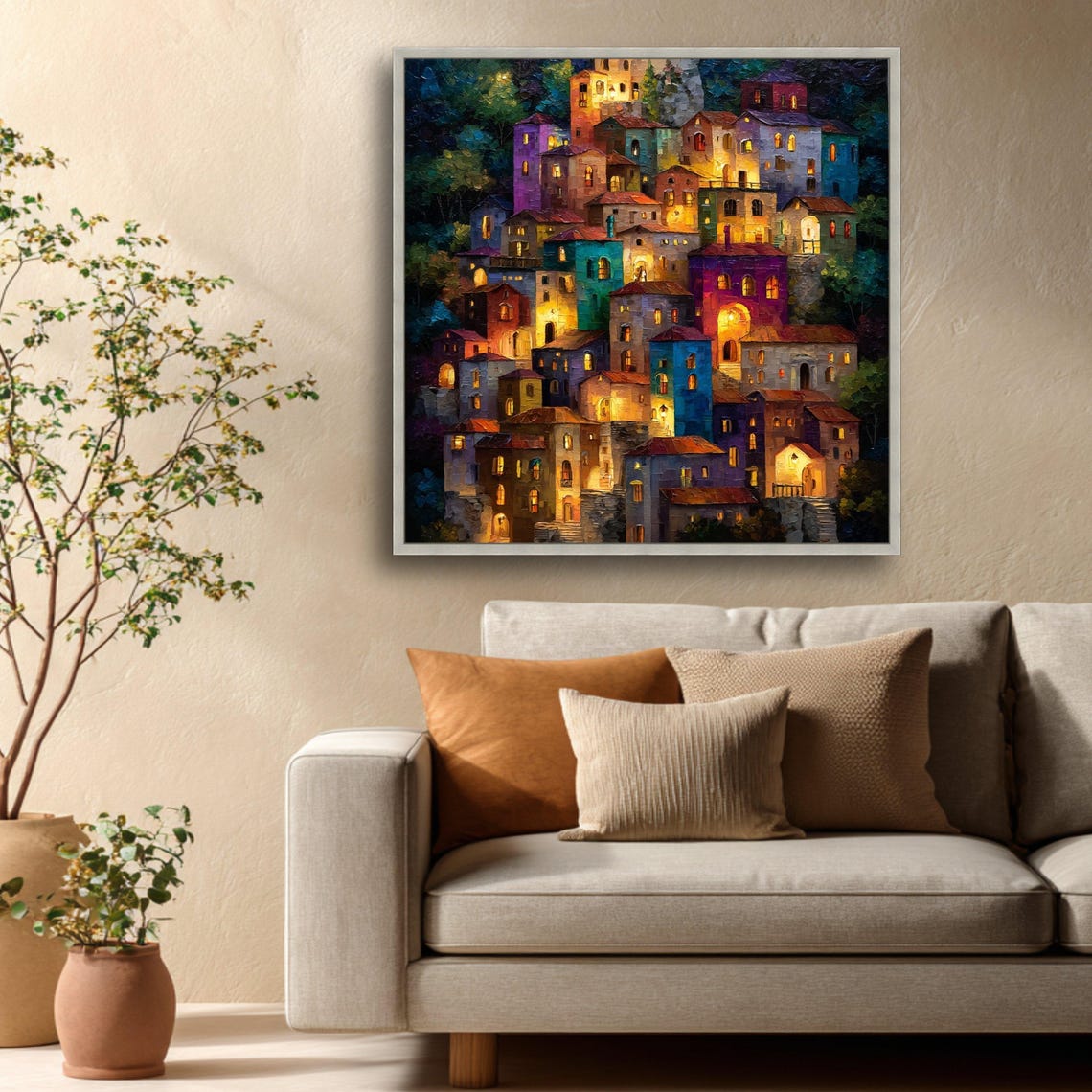 Colorful Mediterranean Village, Night Scene Canvas, Warm Glow Houses ...