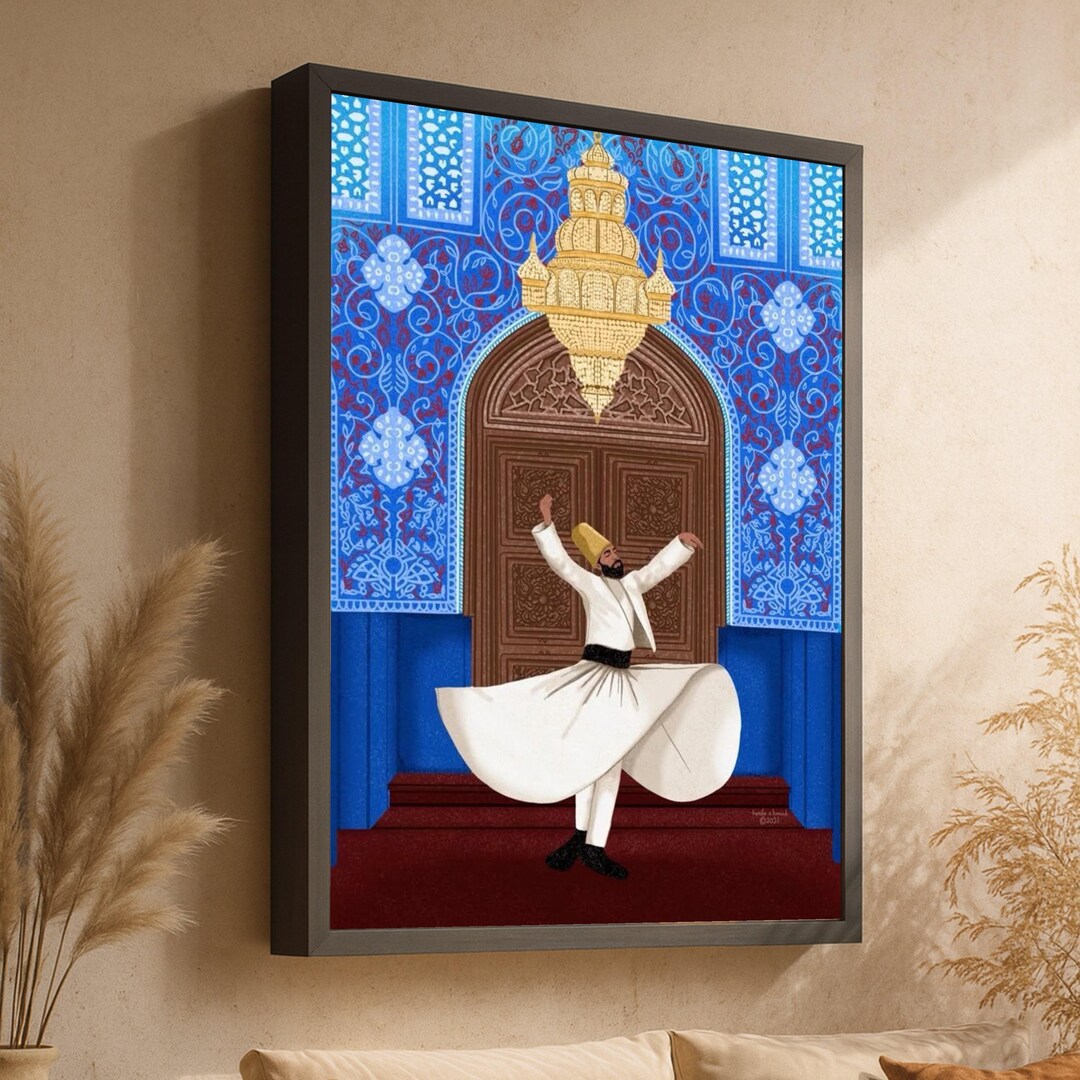 Whirling Dervish Dance, Sufi Mystical Canvas, Islamic Art Decor, Blue ...