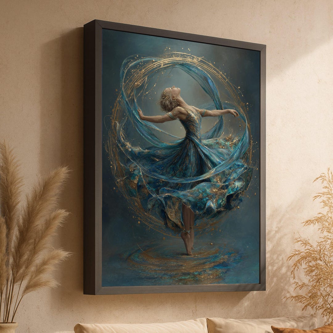 Ethereal Ballet Dancer, Blue Gold Swirl Dance Art, Graceful Movement ...