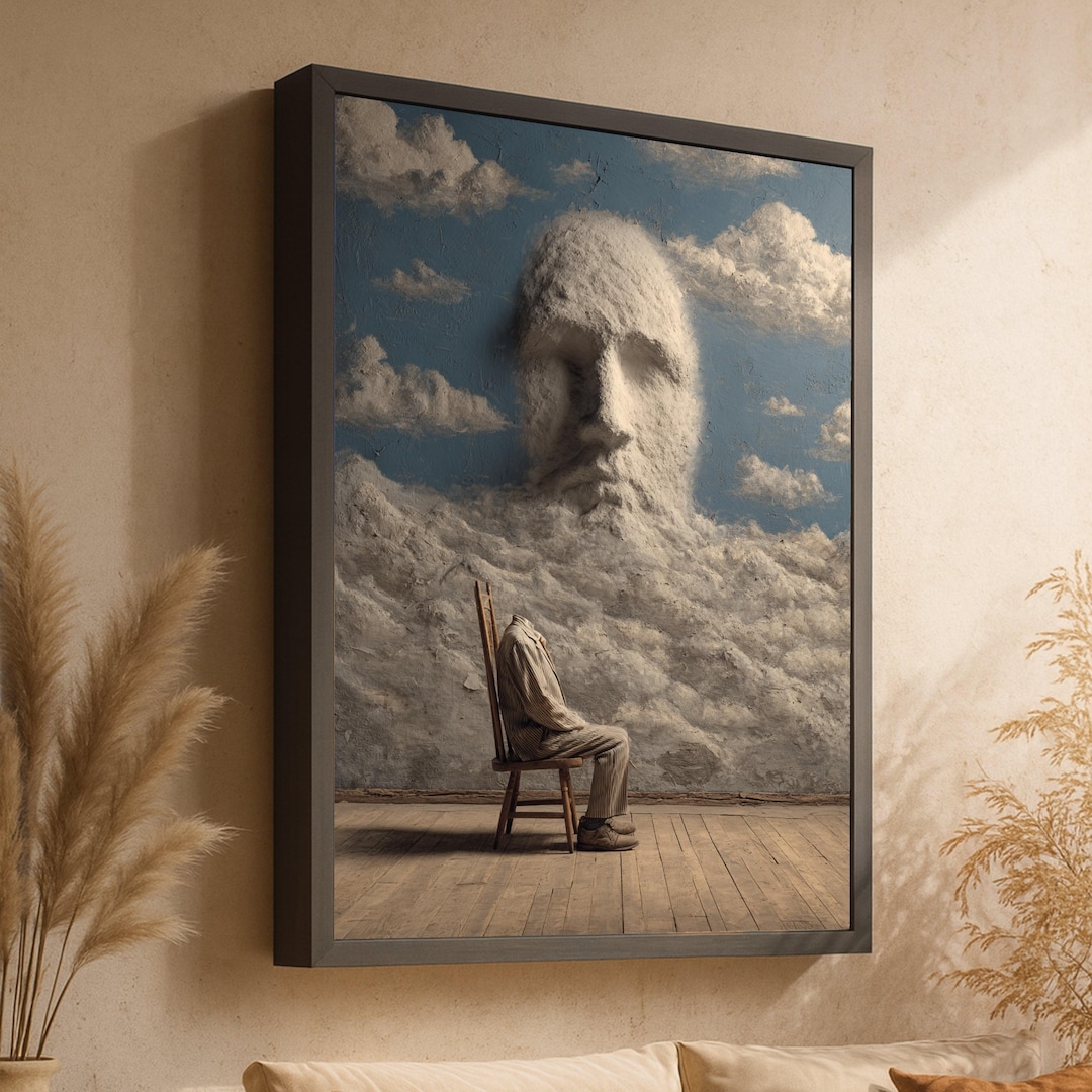 Surreal Headless Figure Sitting, Cloud Face Wall Art Canvas, Dreamlike ...