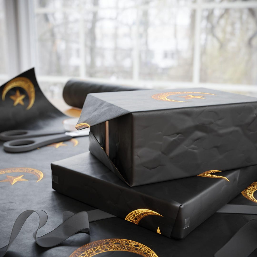 Gold Crescent Star Pattern Wrapping Paper | Islamic Ramadan Gift Wrap ...