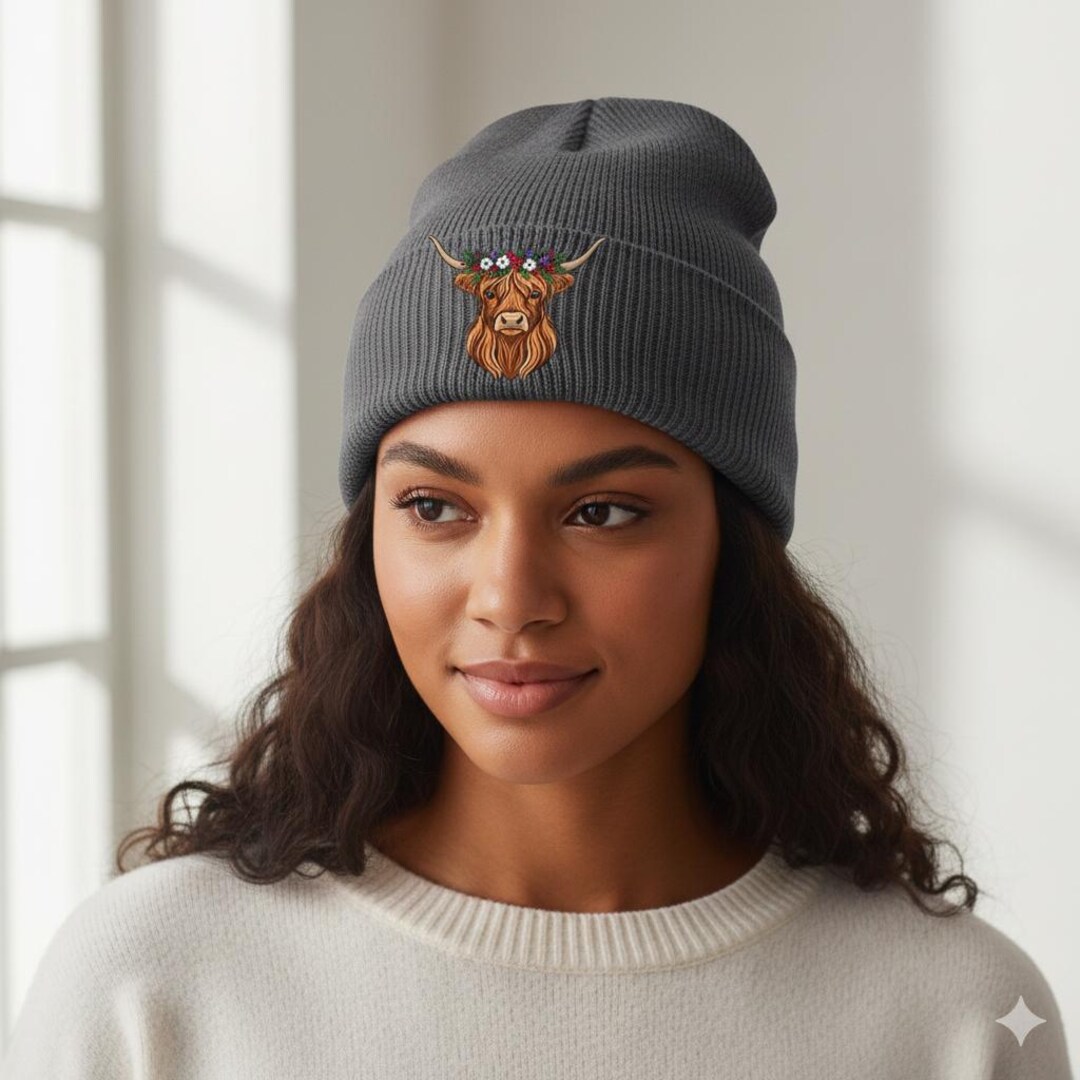 Highland Cow Cuffed Beanie, Colorful Cottagecore Knit Hat, Unisex ...