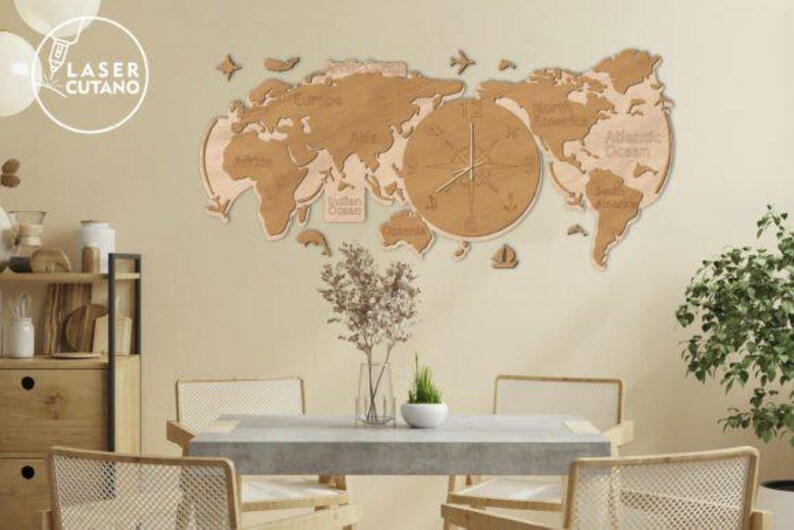 World Map Clock SVG Laser Cut File – Multilayer Engraved Wall Art ...