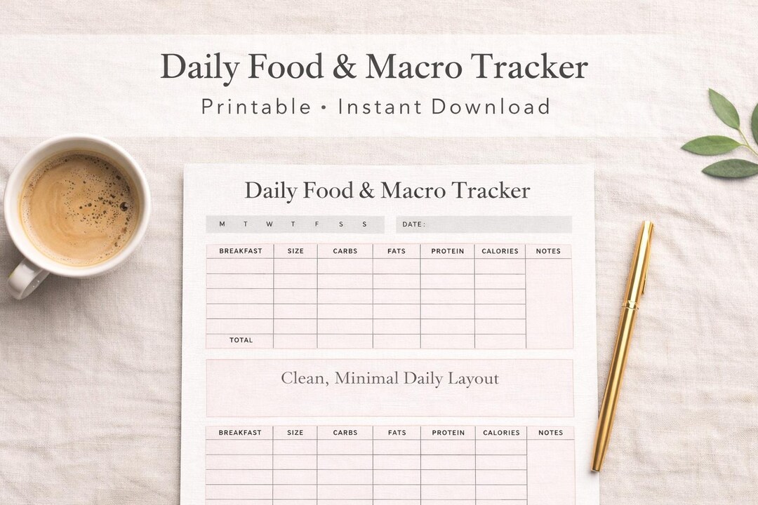 Daily Food & Macro Tracker Printable | Minimal Nutrition Planner ...