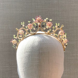 Bridal Gold Tiara, Ruby and Pearl Multi-gemstone Floral Motif Gold ...