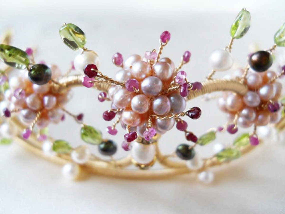 Bridal Gold Tiara Ruby and Pearl Multi-gemstone Floral Motif - Etsy UK