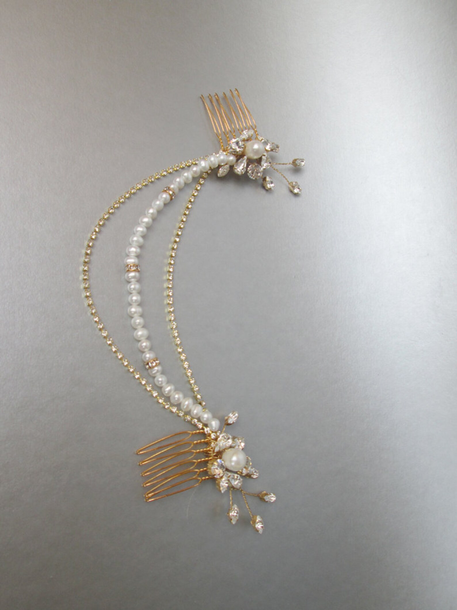 Crystal Pearl Bridal Comb Headpiece: Gold or Silver Swag Chain - Etsy