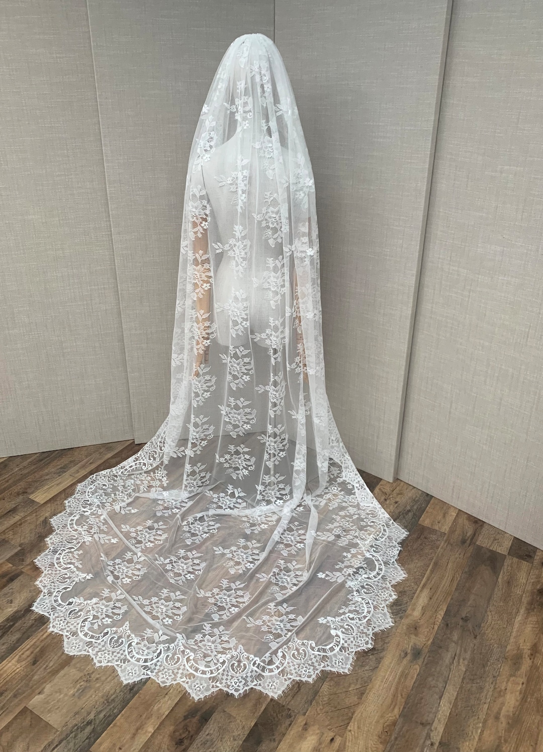 Lace Veil, Chantilly Lace Veil, Chapel Length Wedding Veil Soft White ...