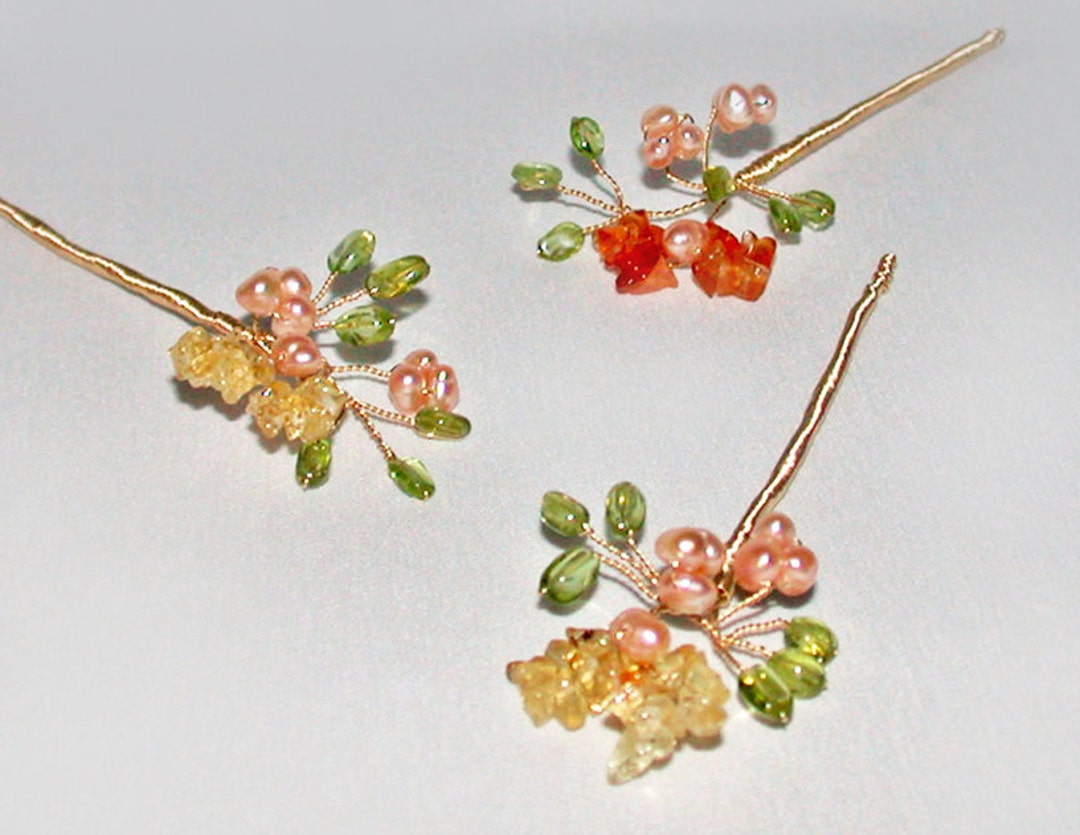 Tiny Blossoming Gemstone Branches Hair Pins, Bridal Gold Hair Pins ...
